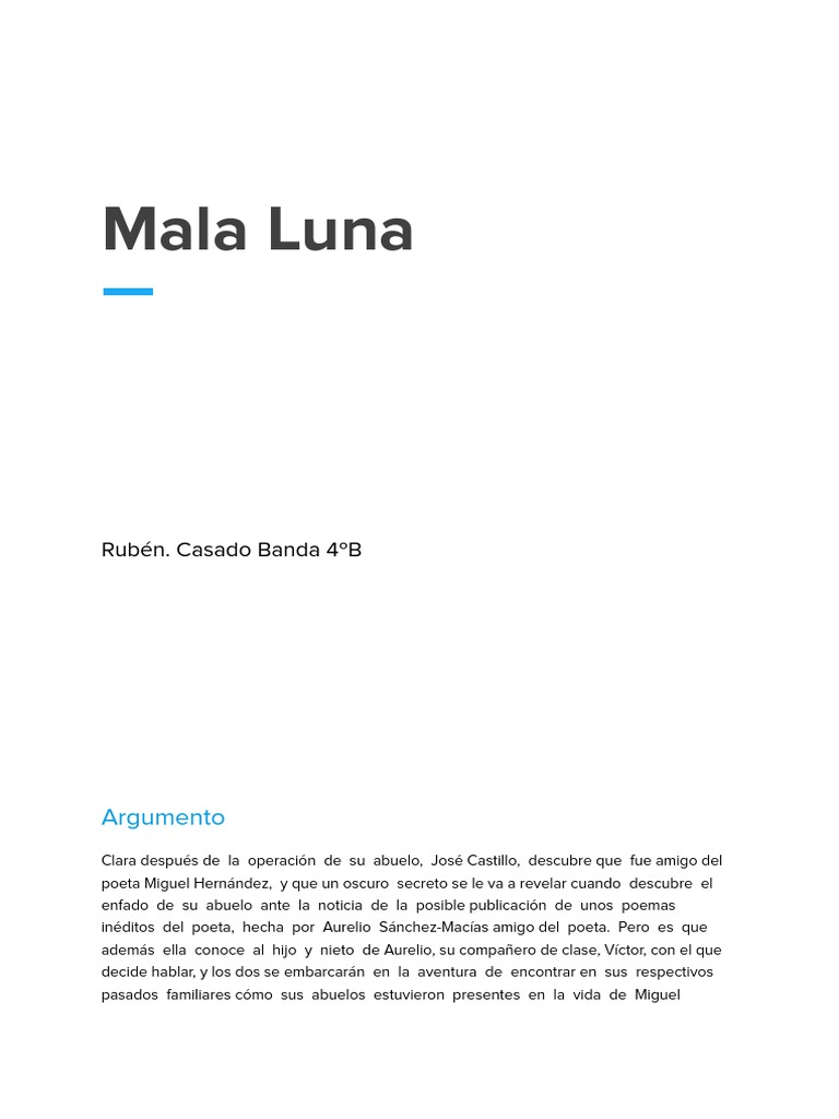 Mala Luna. Ficha de Lectura. | PDF | Ficción general
