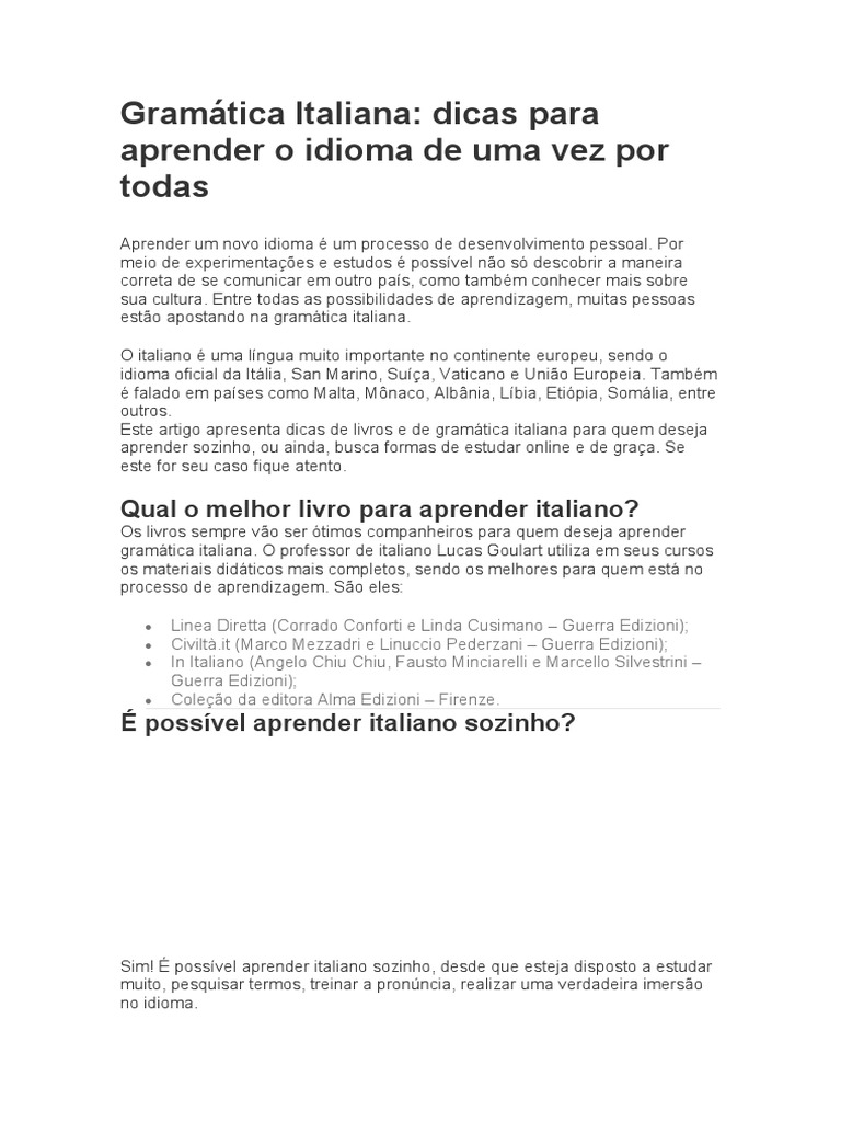 Gramatica Italiana Dica 1 | PDF | Itália | Gramática