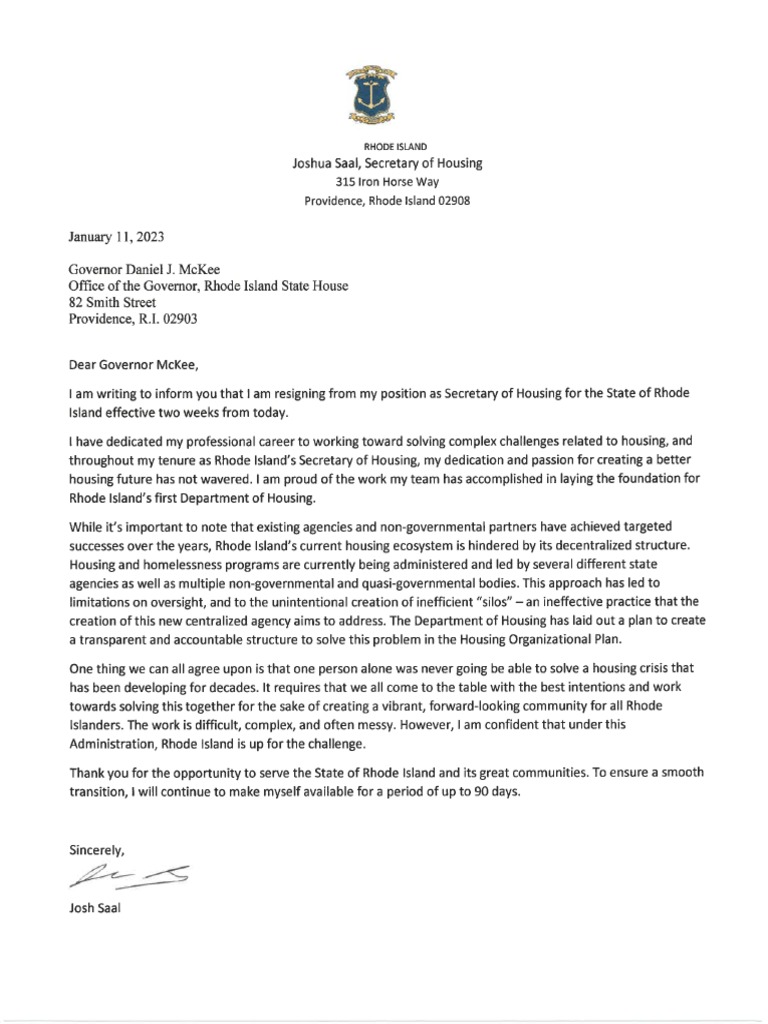 Josh Saal Resignation Letter | PDF