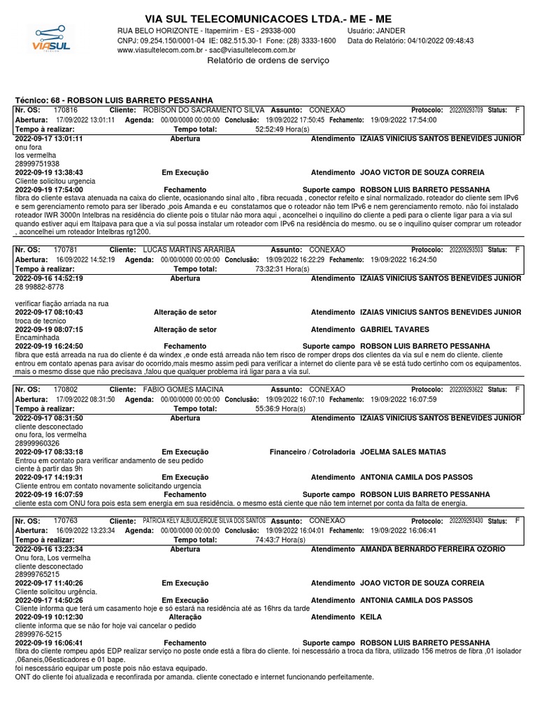 Realatório de OS 19-09-2022 Técnico ROBSON LUIS BARRETO PESSANHA | PDF ...