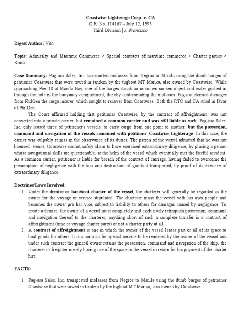 209 Coastwise Lighterage Corp. v. CA (Uy) | PDF | Negligence | Legal ...
