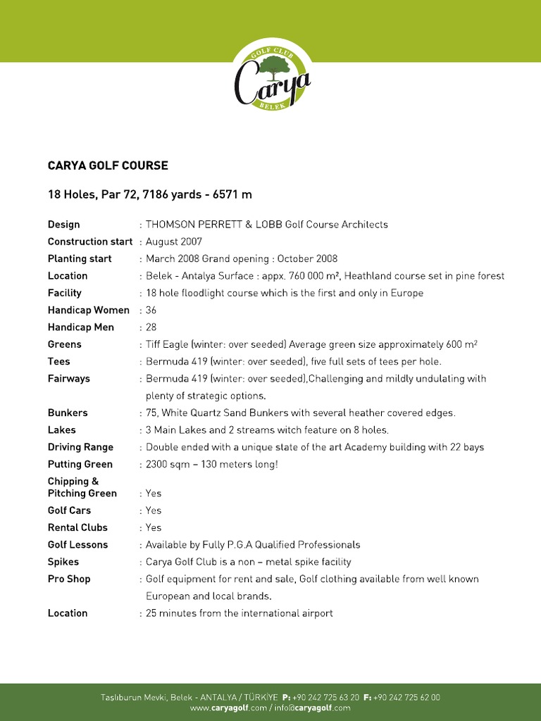 Carya Golf Club Factsheet | PDF