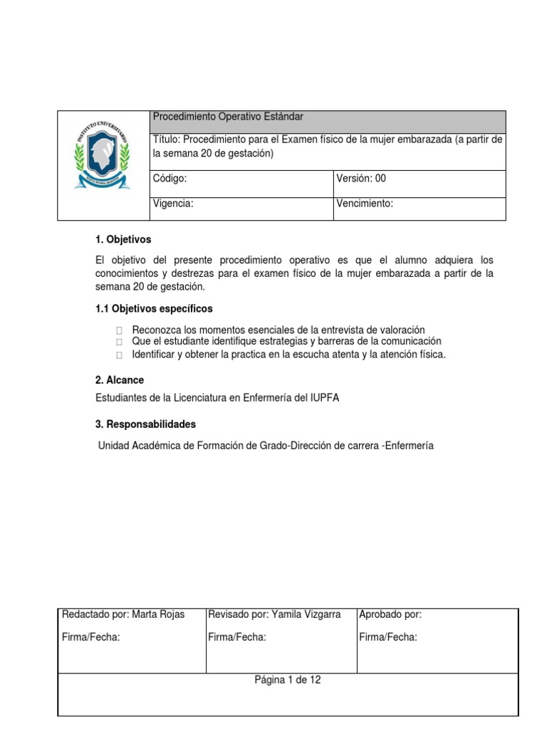 POE Procedimiento para Examen Fisico de La Embarazada | PDF | Especialidades Medicas ...