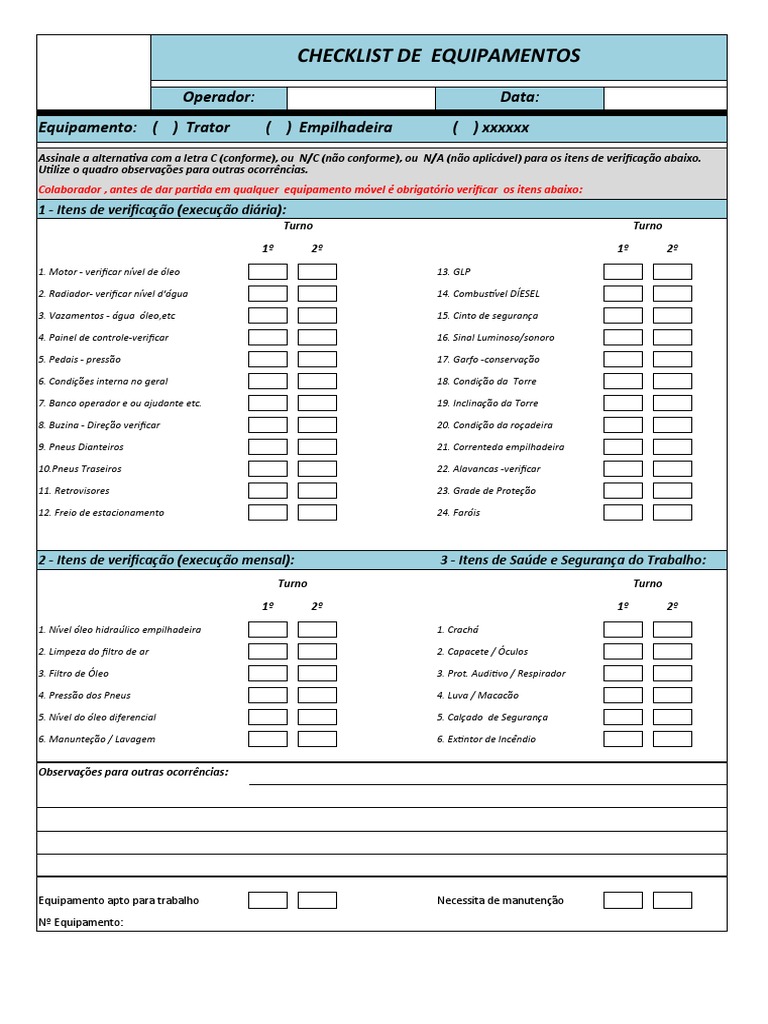 Checklist Equipamentos | Download grátis PDF | Veículos