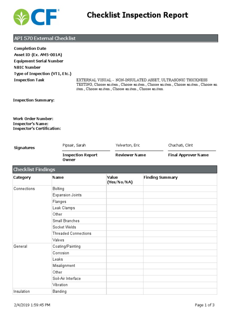 API 570 Inspection Checklist Report | PDF | Pipe (Fluid Conveyance ...