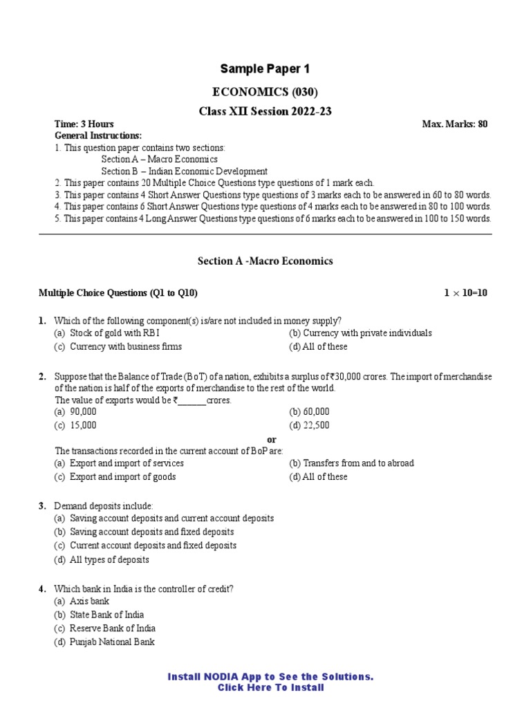 Economics Sample Paper 1 | PDF | Banks | Economies