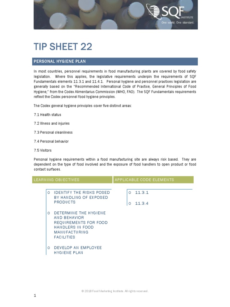 Tip Sheet 22 Personal Hygiene Plan | PDF | Hand Washing | Hygiene