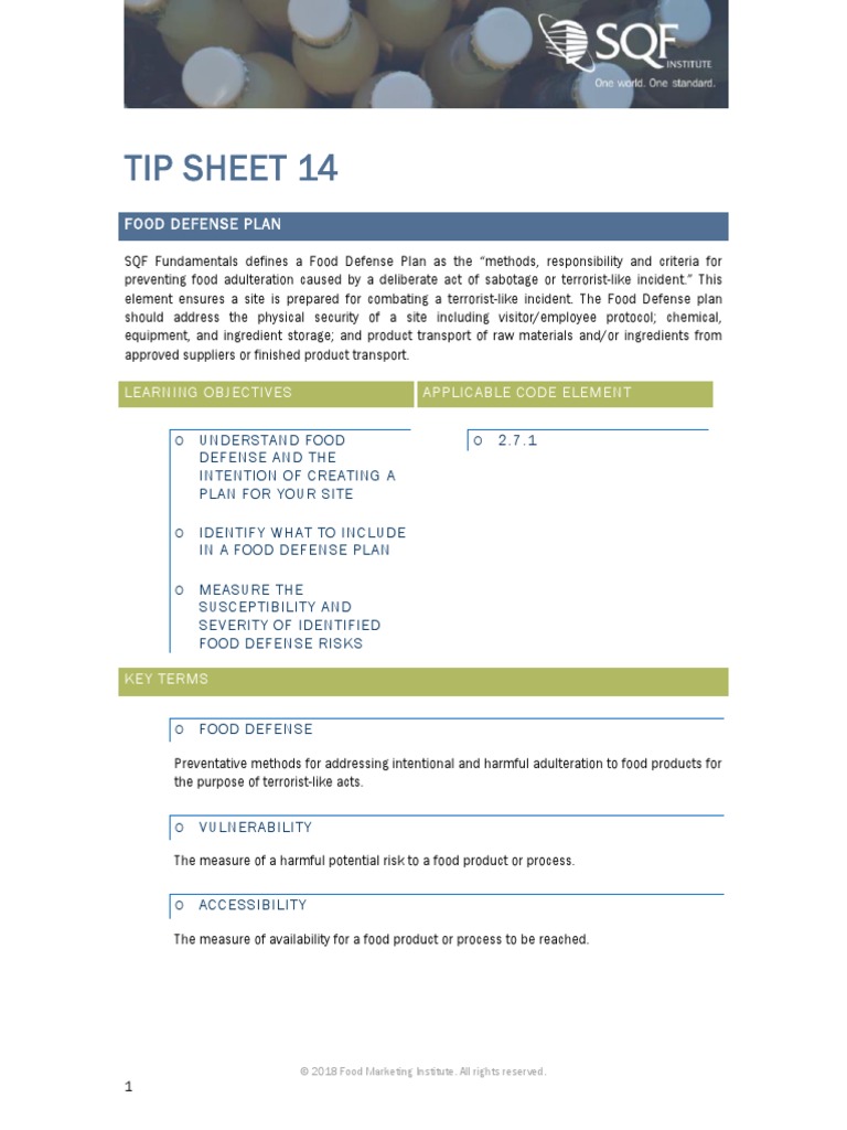 Tip Sheet 14 Food Defense Plan | PDF | Foods | Safety