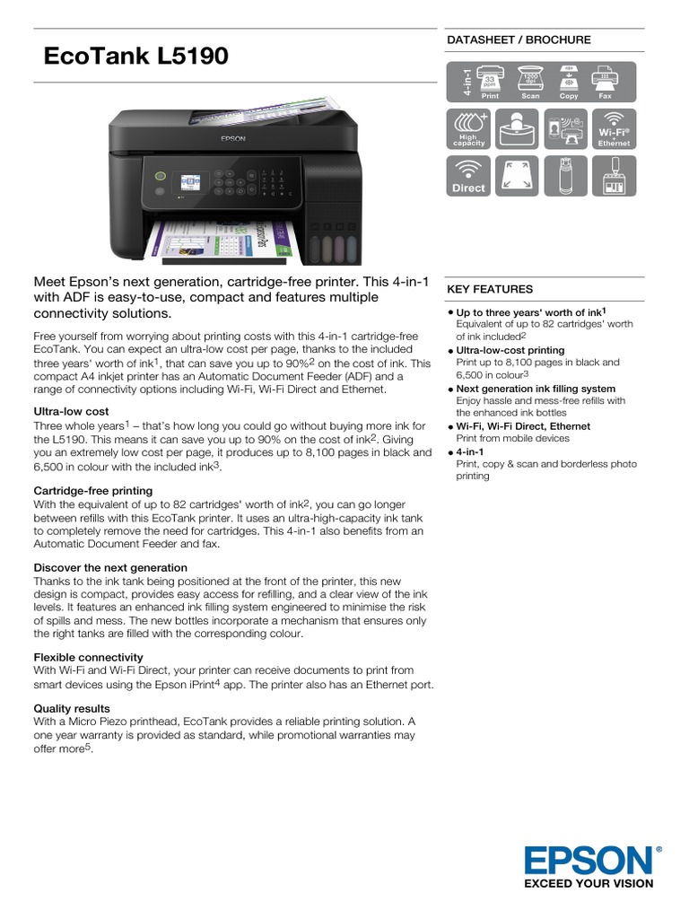 Ecotank l5190 Datasheet | PDF | Printer (Computing) | Fax