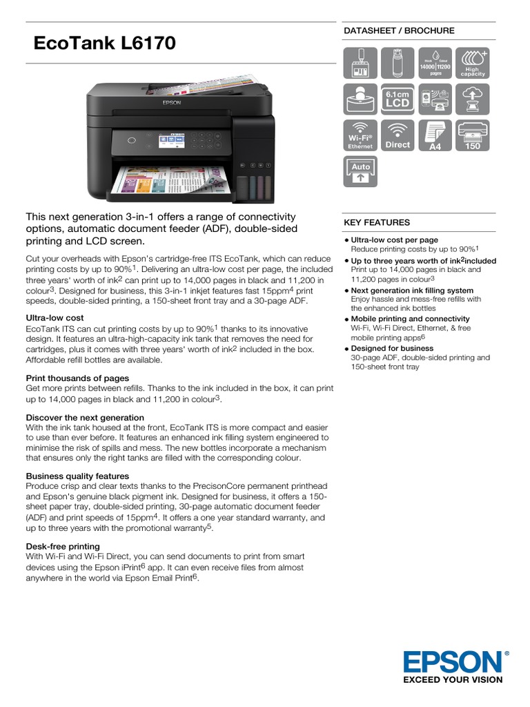 Ecotank l6170 Datasheet | PDF | Printer (Computing) | Printing