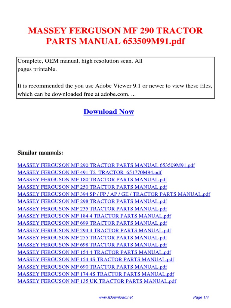 Dokumen - Tips Massey Ferguson MF 290 Tractor Parts Manual 653509m91 PDF | PDF | Land Vehicles ...