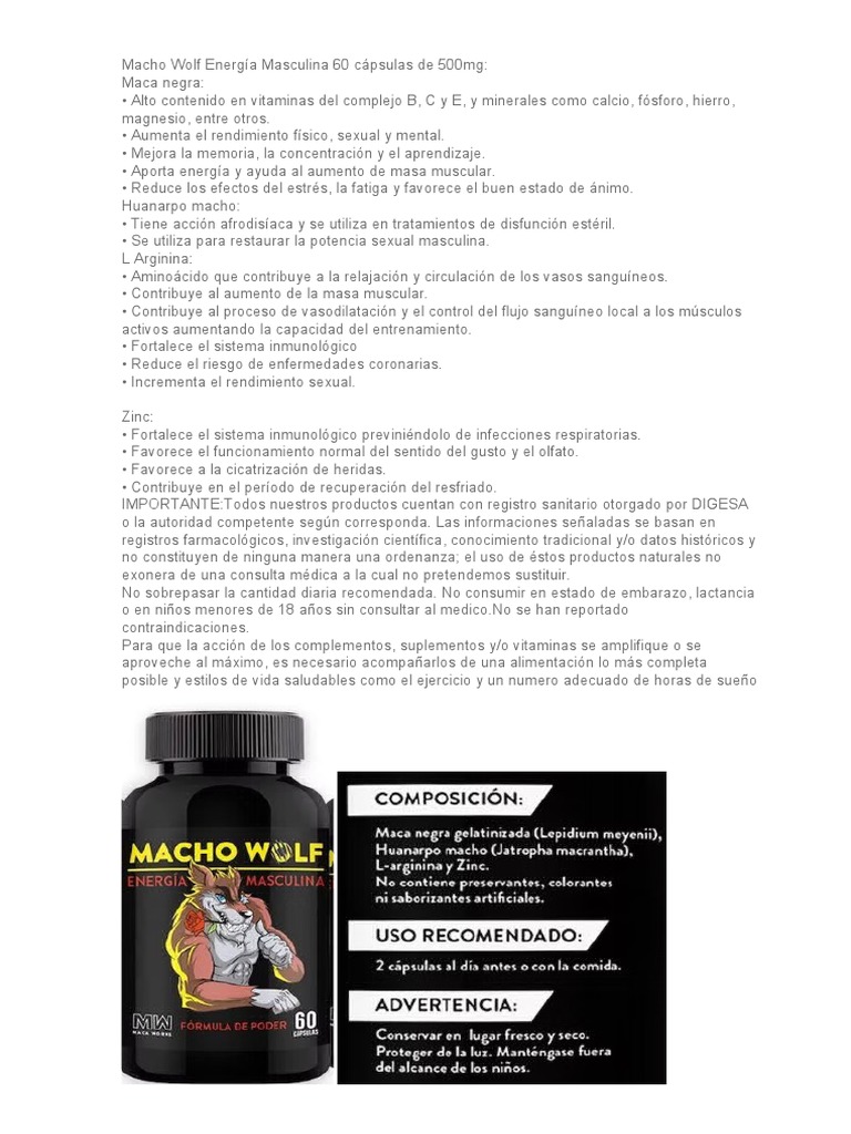 suplemeto Macho Wolf Energía Masculina 60 cápsulas de 500mg | PDF
