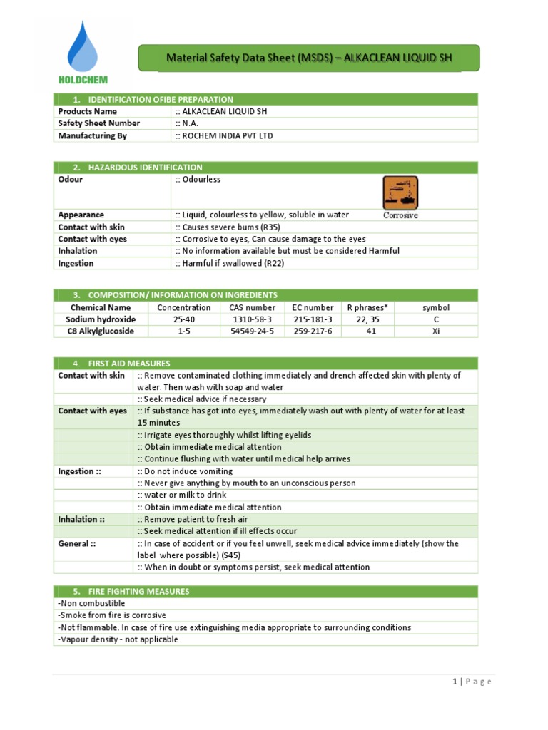 Alkaclean Liquid SH MSDS Summary | PDF | Dangerous Goods | Water