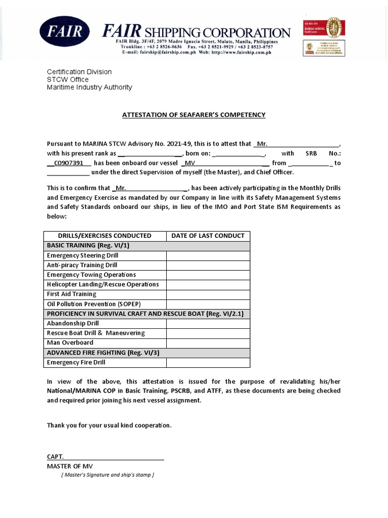 Attestation of Seafarer's Competency and Participation in Required ...