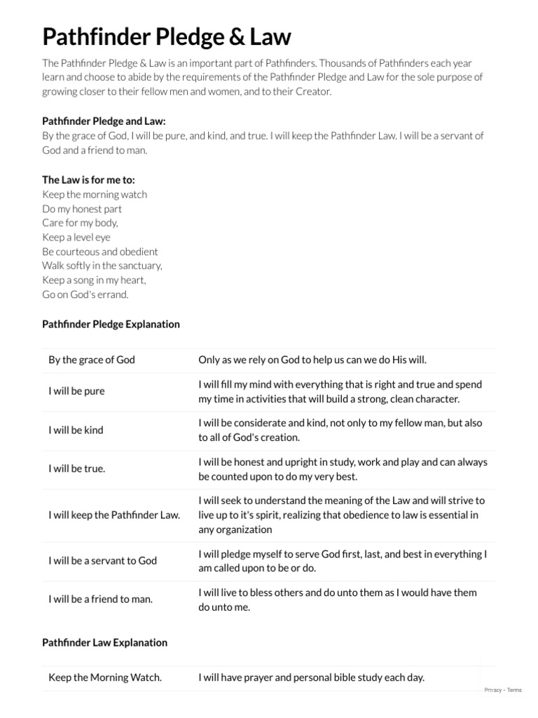 Pathfinder Pledge & Law - Club Ministries - North American Division ...