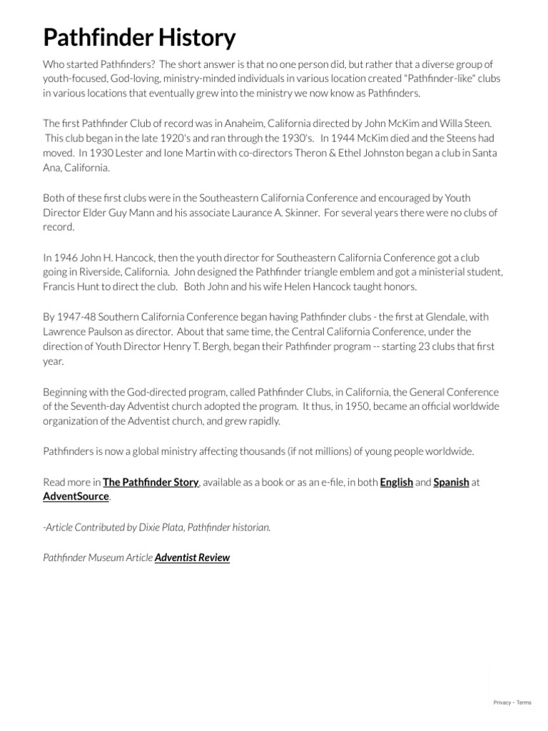 Pathfinders History - Club Ministries - North American Division | PDF