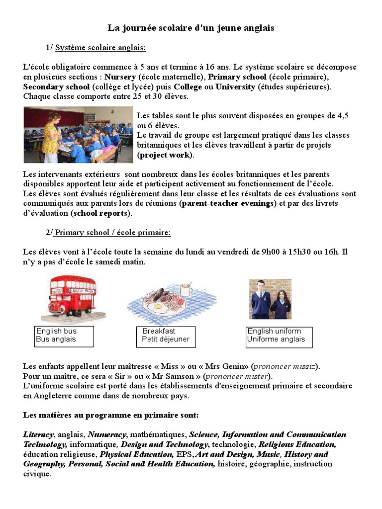 La journée scolaire en Angleterre | PDF | Repas