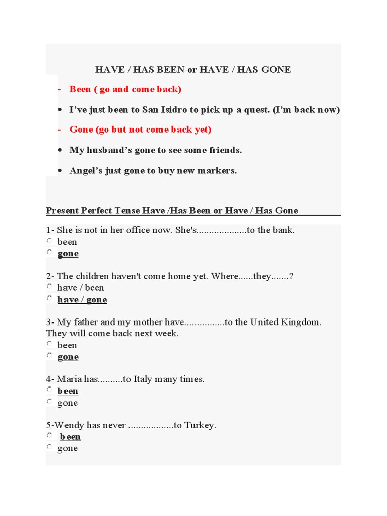 Have Been or Have Gone Answer Key | PDF