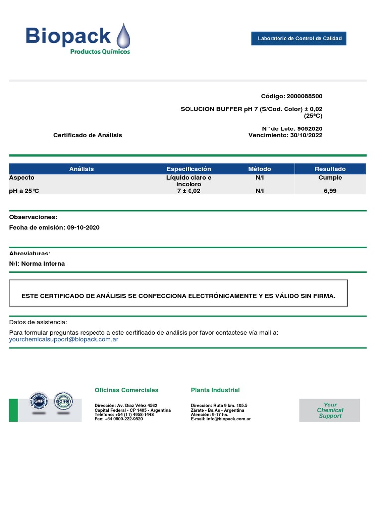 SOLUCION BUFFER PH 7 SCod. Color 002 25C | PDF
