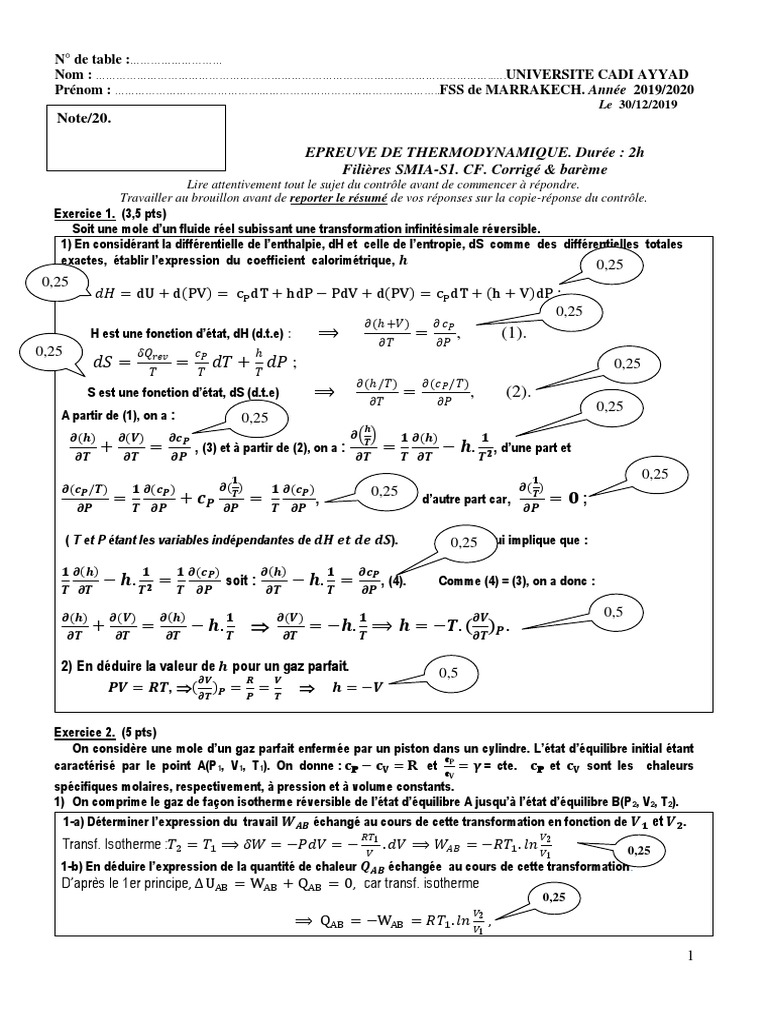 CF SMIA S1 2019 2020 Corrigébarème | PDF | Chaleur | Quantité