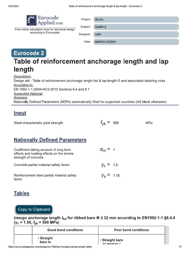 Table of Reinforcement Anchorage Length & Lap Length - Eurocode 2 | PDF