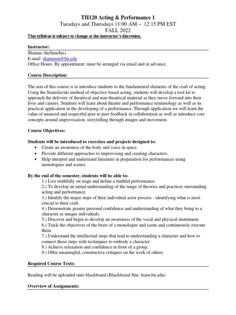 TH 120 b1 Syllabus Fall 2022 | PDF | Academic Dishonesty | Clothing