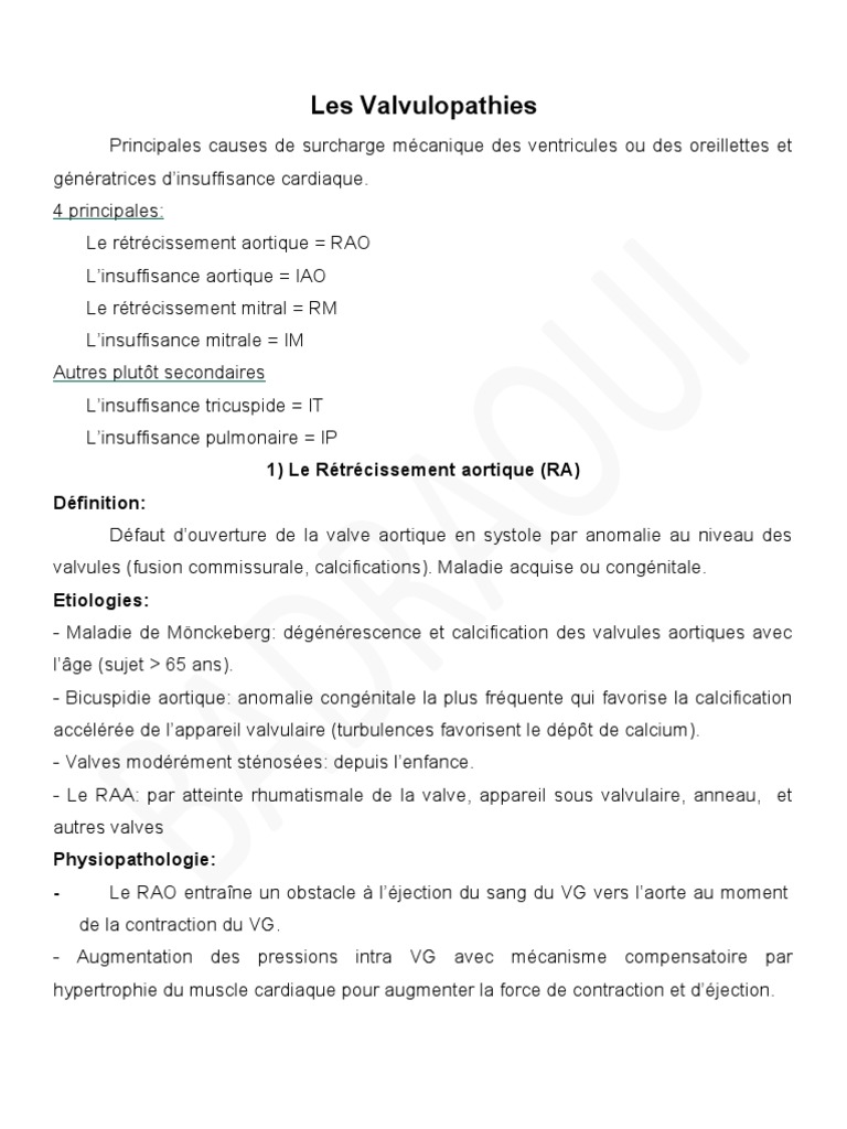 1 Valvulopathies Cours | PDF | Insuffisance cardiaque | Maladies et ...