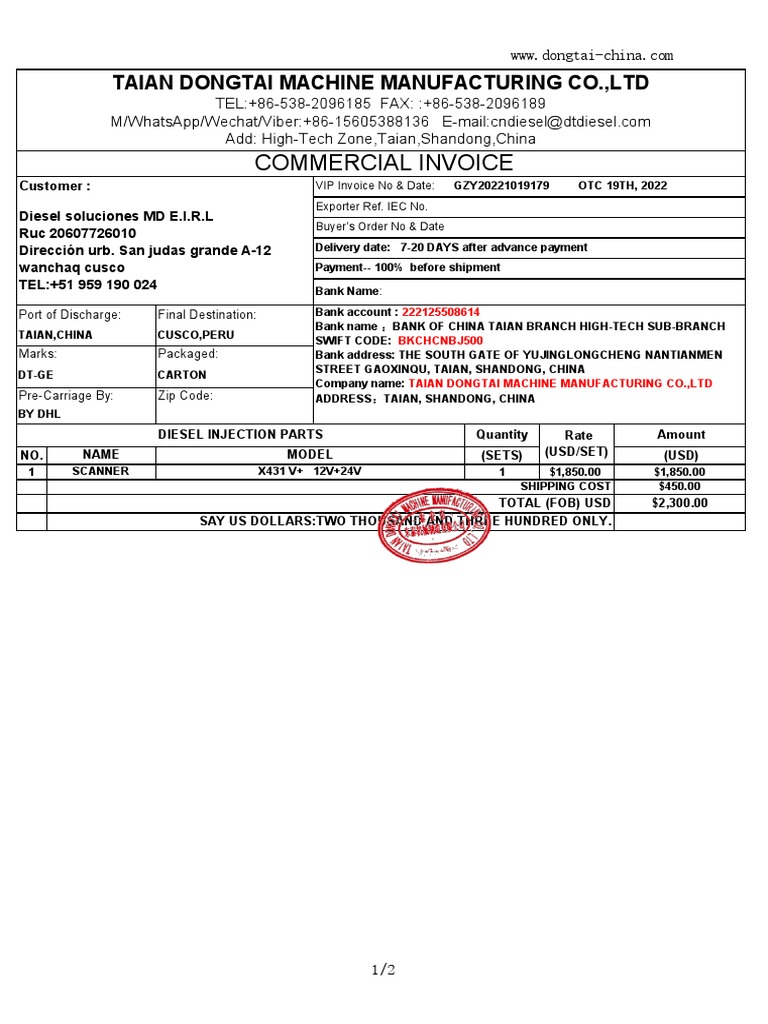 Commercial Invoice for Diesel Parts | PDF