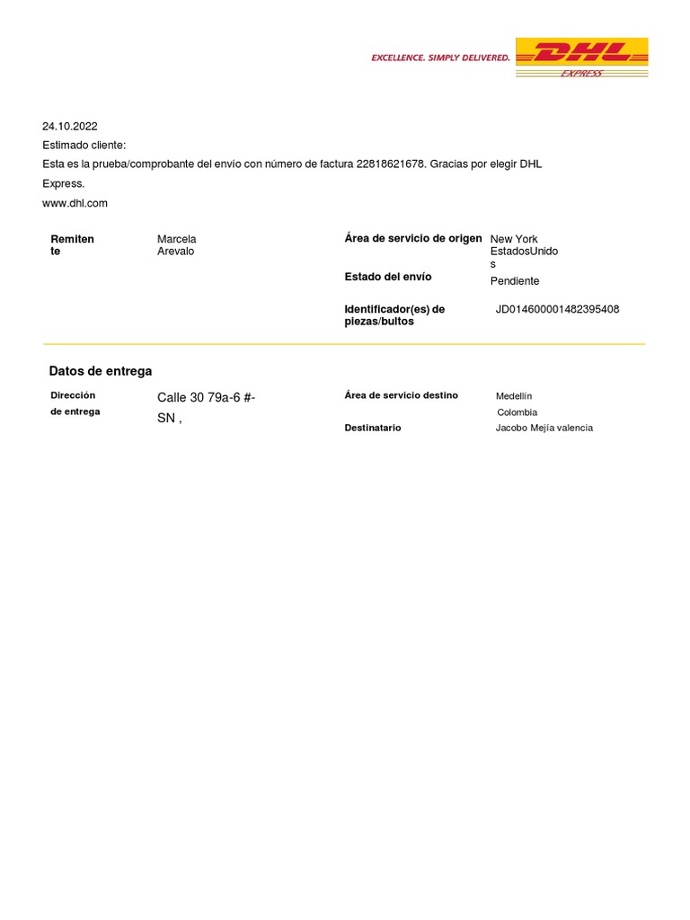 Comprobante de envío DHL número 22818621678 | PDF