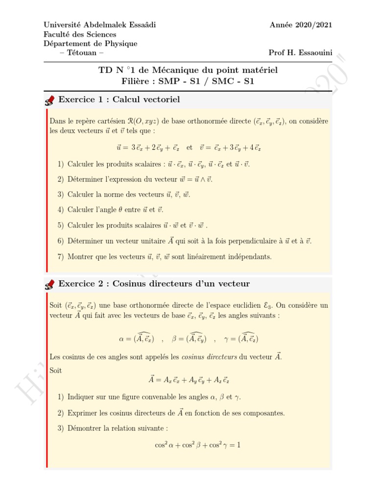 Corrig TD1 M Ca1 2020 | PDF | Base (algèbre linéaire) | Scalaire (mathématiques)
