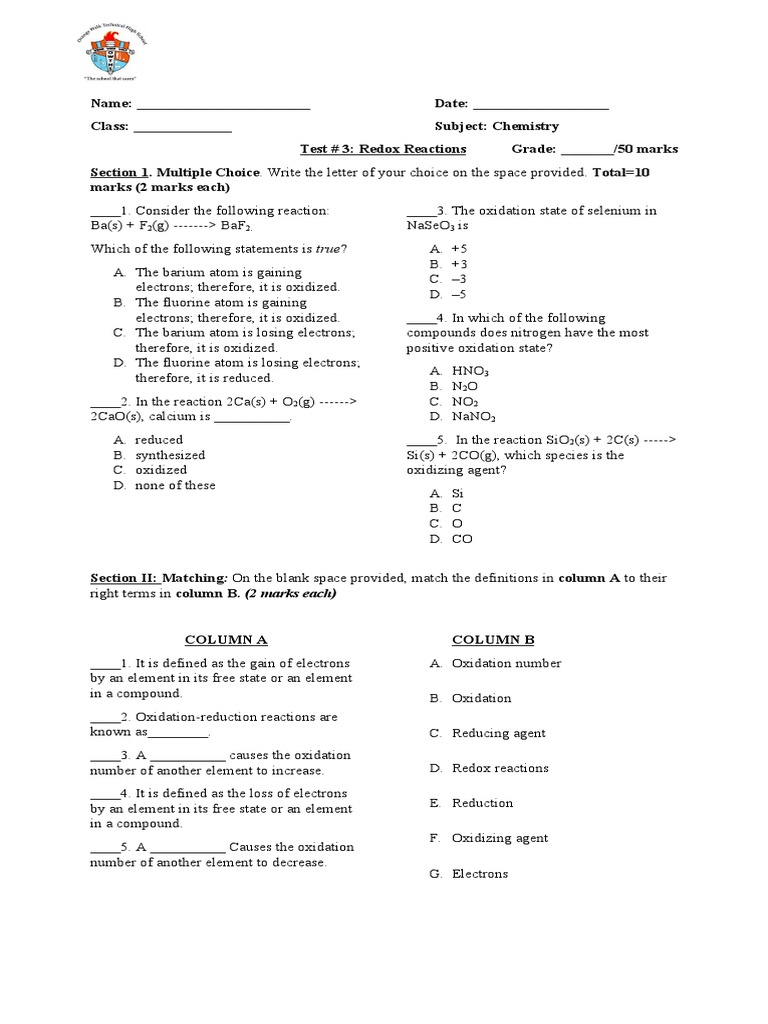 Redox Reactions Test | PDF | Redox | Chemical Reactions
