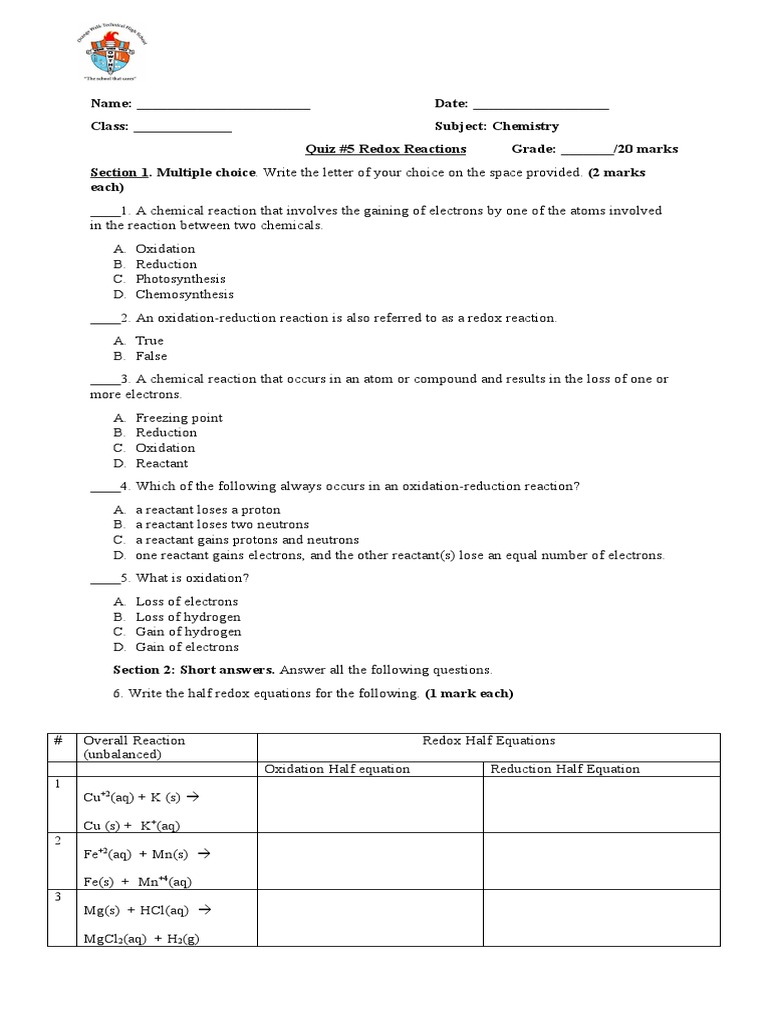 Redox Quiz 5 | PDF