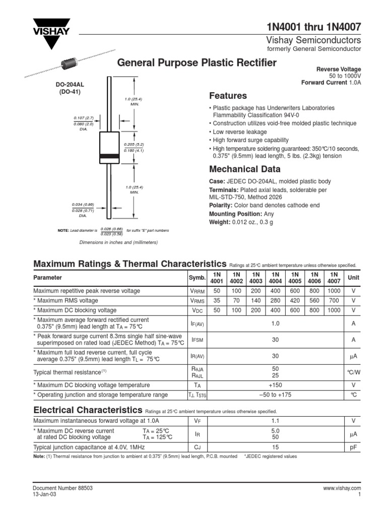 1N400x - Diode (Vishay) | PDF | Rectifier | Capacitor