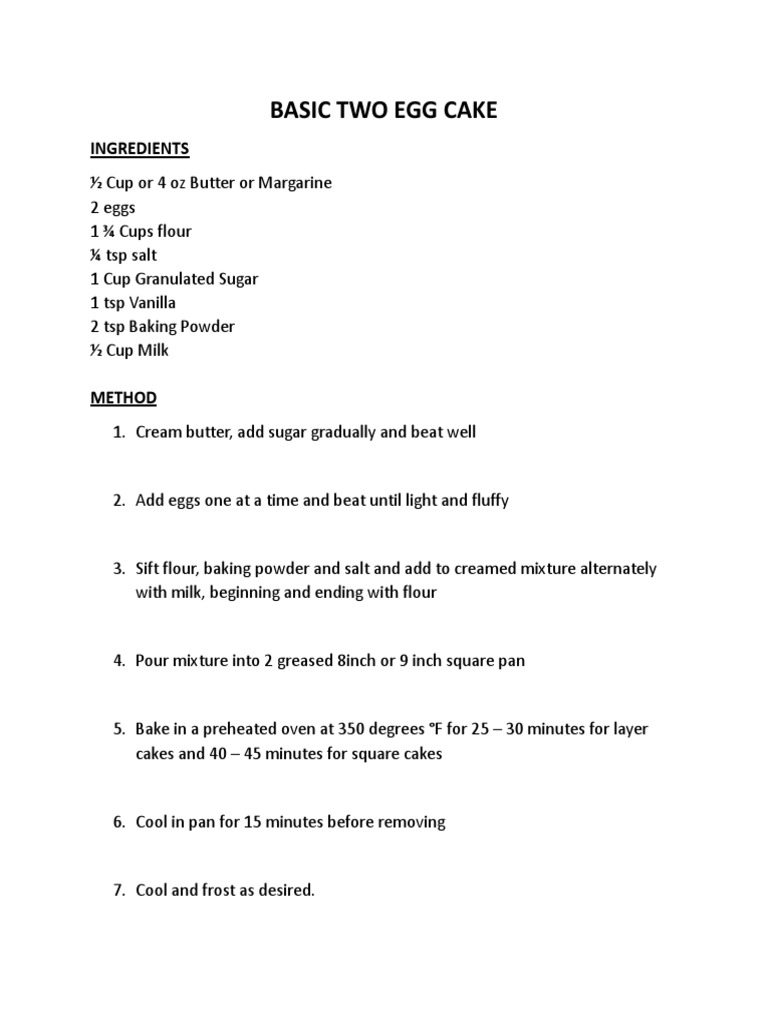 Day 7 Handout Recipe Basic Two Egg Cake | PDF