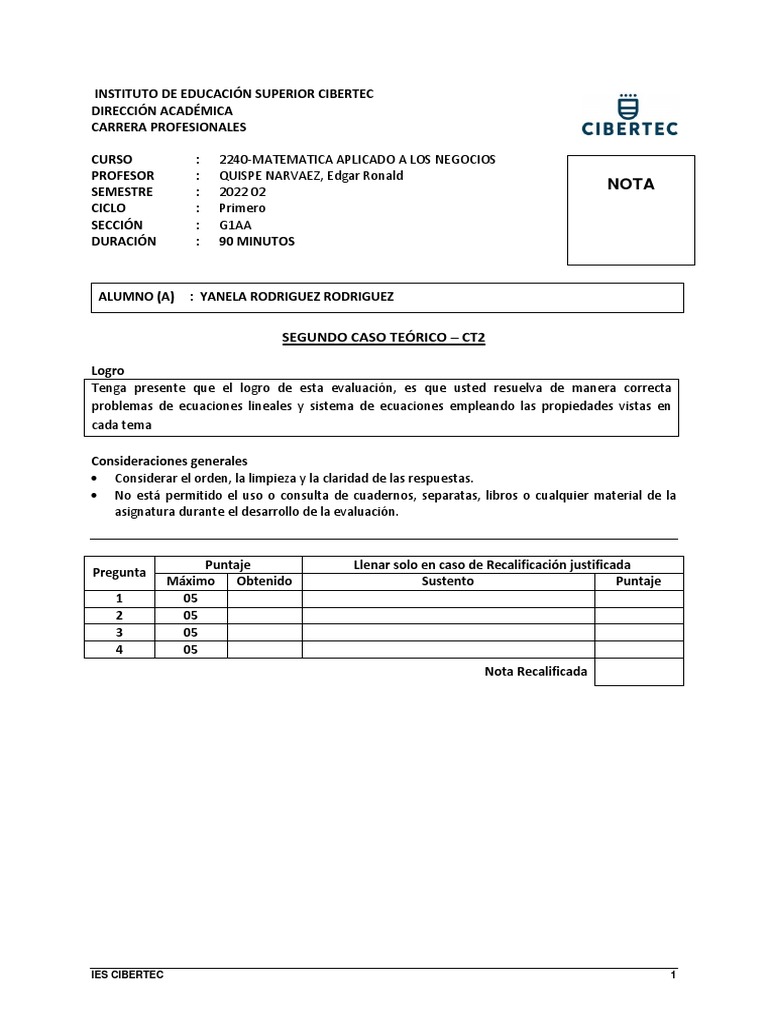Yanela Rodriguez Rodriguez Examen de Matematica.. | PDF | Prueba ...