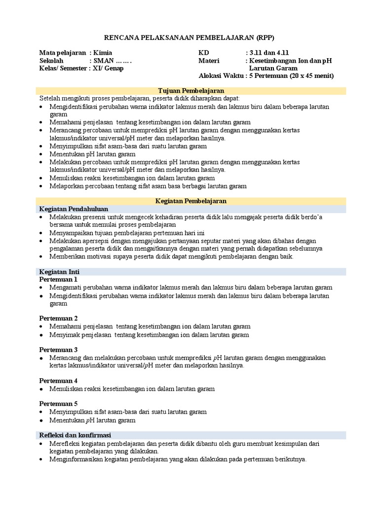 RPP Kesetimbangan Ion Dan PH Larutan Garam FIX | PDF | Sains & Matematika