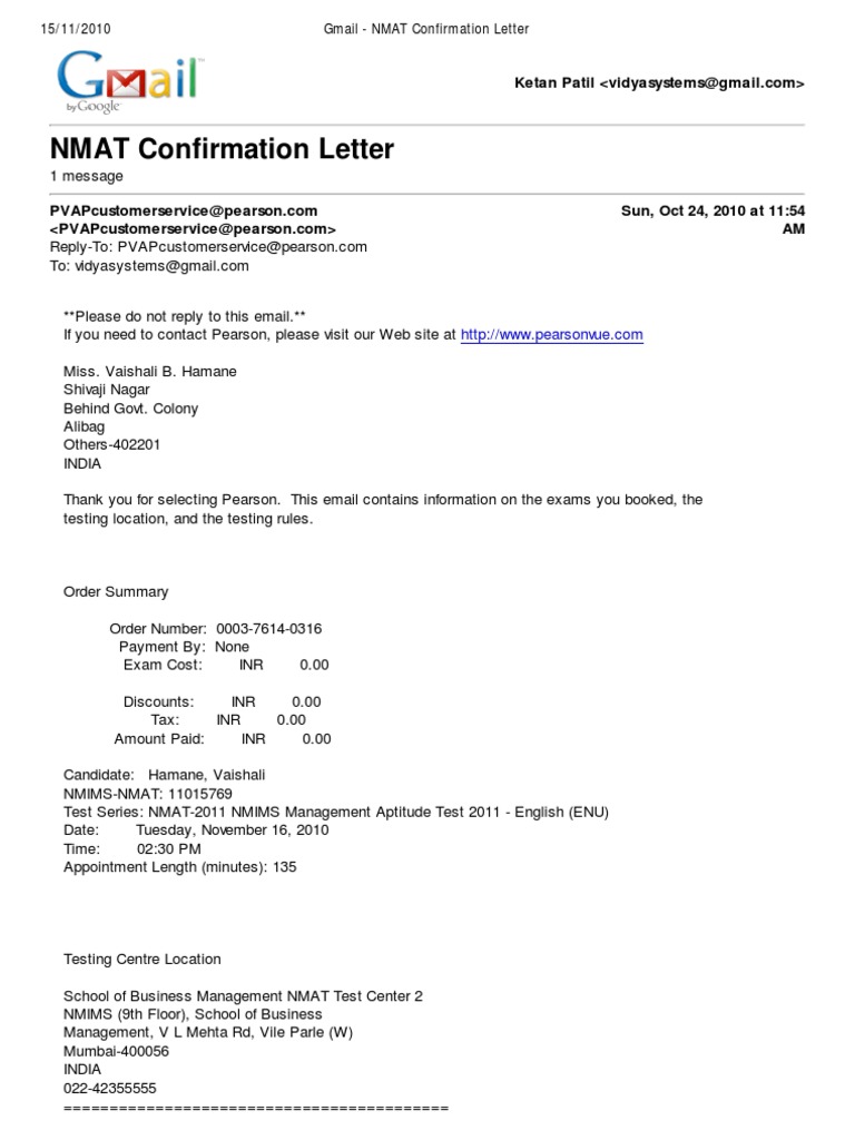 NMAT Exam Confirmation Details | PDF | Identity Document | Driver's License