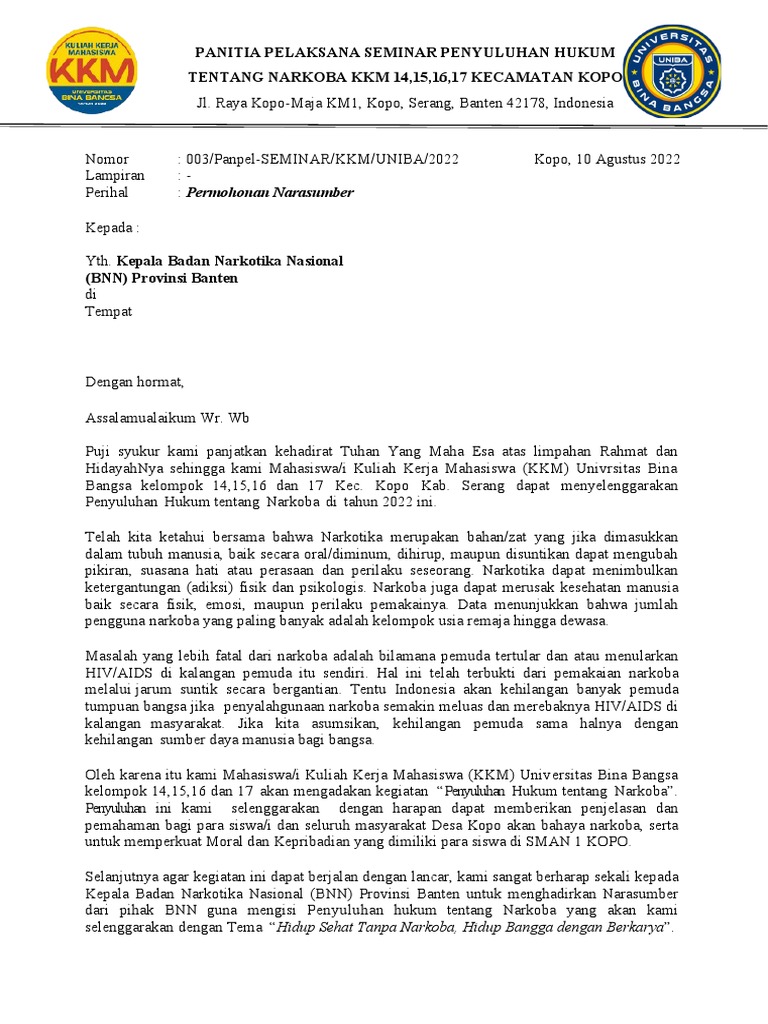 Surat Permohonan BNN Dan TOR | PDF