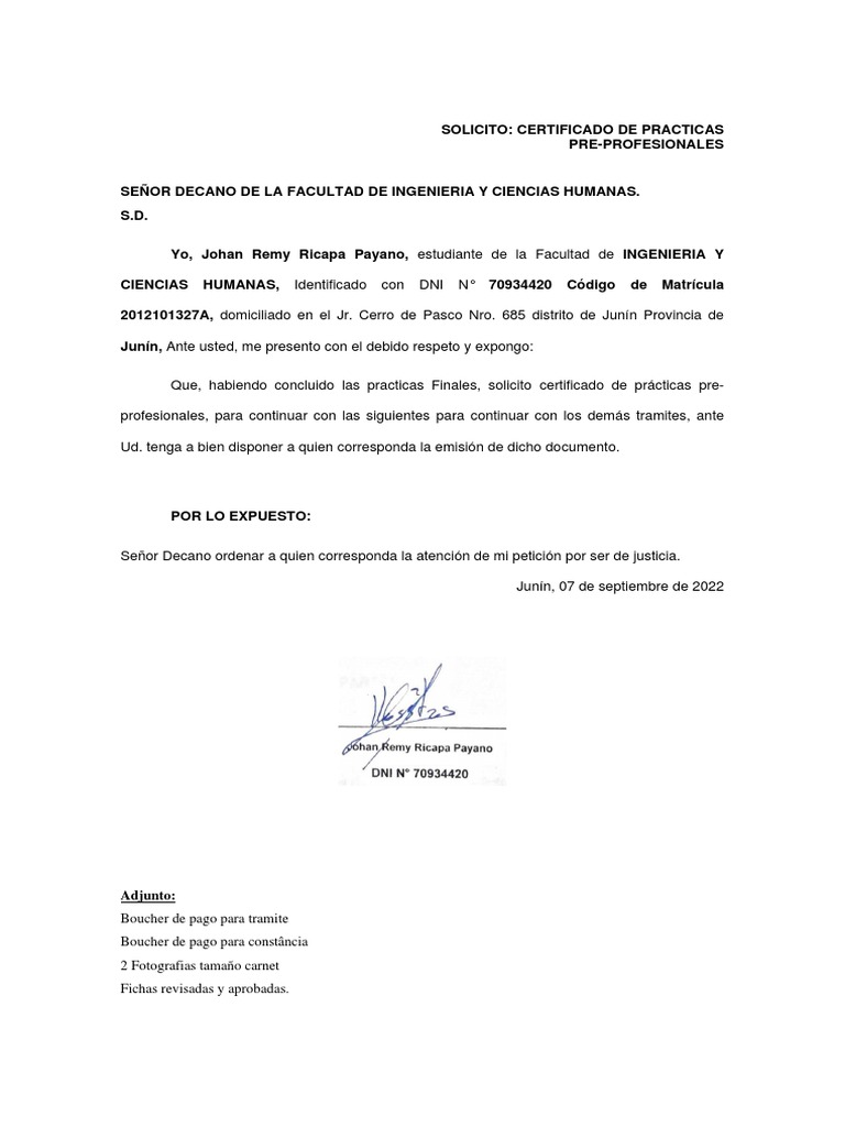 Solicitud de CERTIFICADO de Practicas PRE-PROFESIONALES | PDF