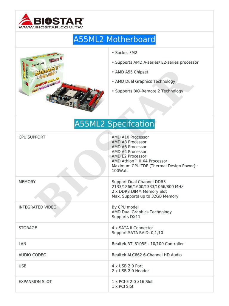 Biostar A55ml2 Spec | PDF | Advanced Micro Devices | Bios
