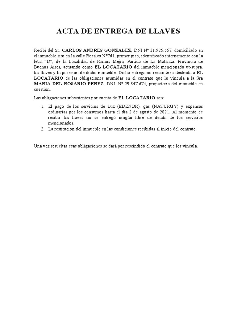 Acta de Entrega de Llaves | PDF