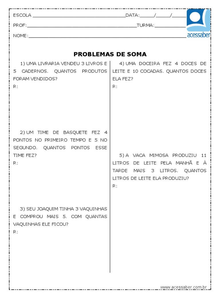 Atividade de Matematica Problemas de Soma Simples 1 Ano e 2 Ano | PDF