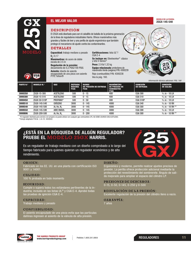 Regulador Harris 25GX-145 Oxigeno y Gas 25GX-15 Ficha Tecnica | PDF