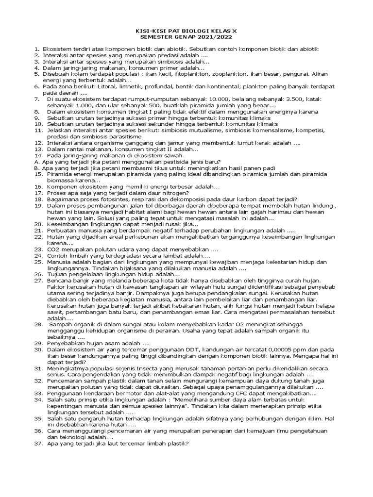 Kisi-Kisi Biologi Kelas X Genap 2022 | PDF