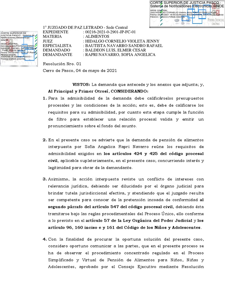 Res 20210021601209150006071 | PDF | Demanda judicial | Pensión alimenticia