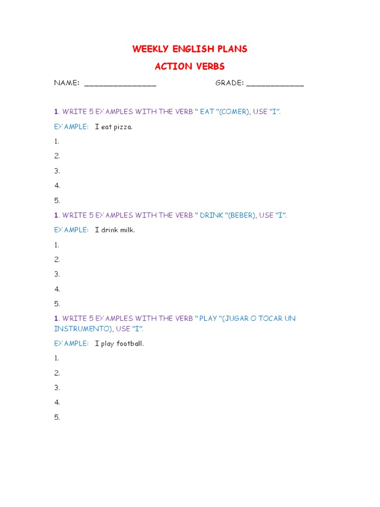 Weekly English Action Verbs Practice | PDF