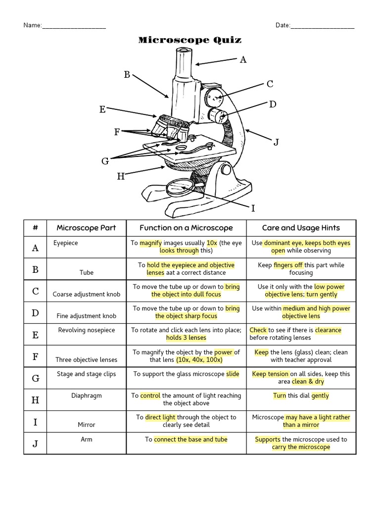 Microscope Parts and Functions Quiz | PDF | Microscope | Lenses