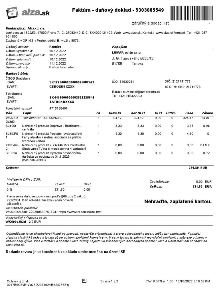 Faktúra - Daňový Doklad - 5303085549: Záručný A Dodací List | PDF
