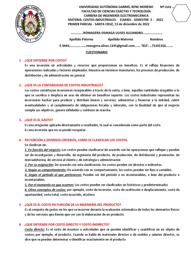 Examen Parcial 1 Costos 13 Dic 2022 | PDF | Costo | Business Examen Parcial 1 Costos 13 Dic 2022 | PDF | Costo | Business