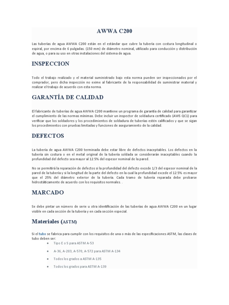Resumen de La Awwa c200 | PDF | Tubería (transporte de fluidos) | Soldadura